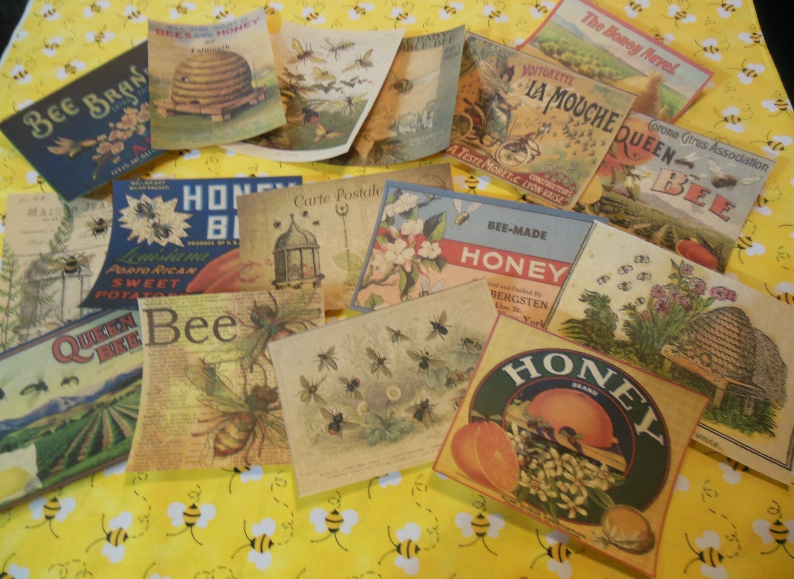 Set of 16 LARGE Vintage/Victorian Bee/Honey Bee images printed on aged ...