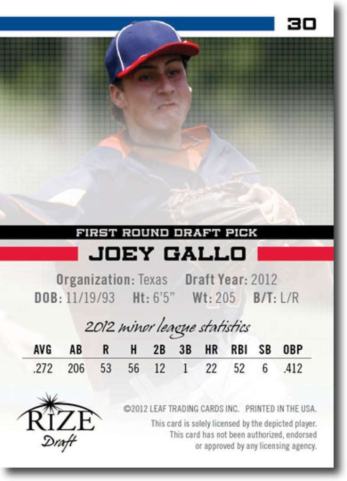2012 Leaf Rize Draft Black and White #30 Joey Gallo Rangers Prospect ...