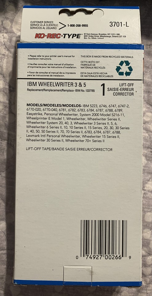 IBM Lift Off Wheelwriter 3 & 5 Tape 1337765 by Ko-Rec-Type 3701-L {6 ...