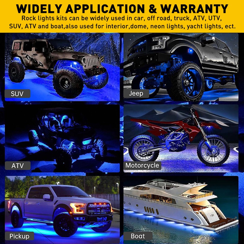 Blue LED Rock Lights Underbody Neon Strip Light Kit Underglow For Off ...