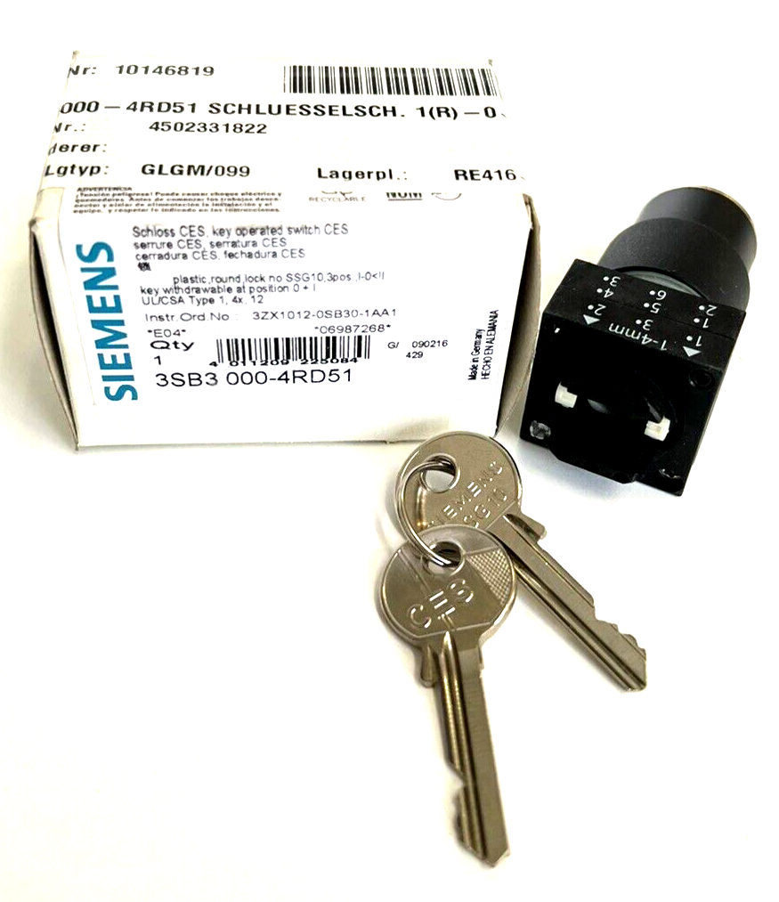 Siemens 3SB3000-4RD51 Schlüsselschalter Schloss CES Key Operated Switch ...