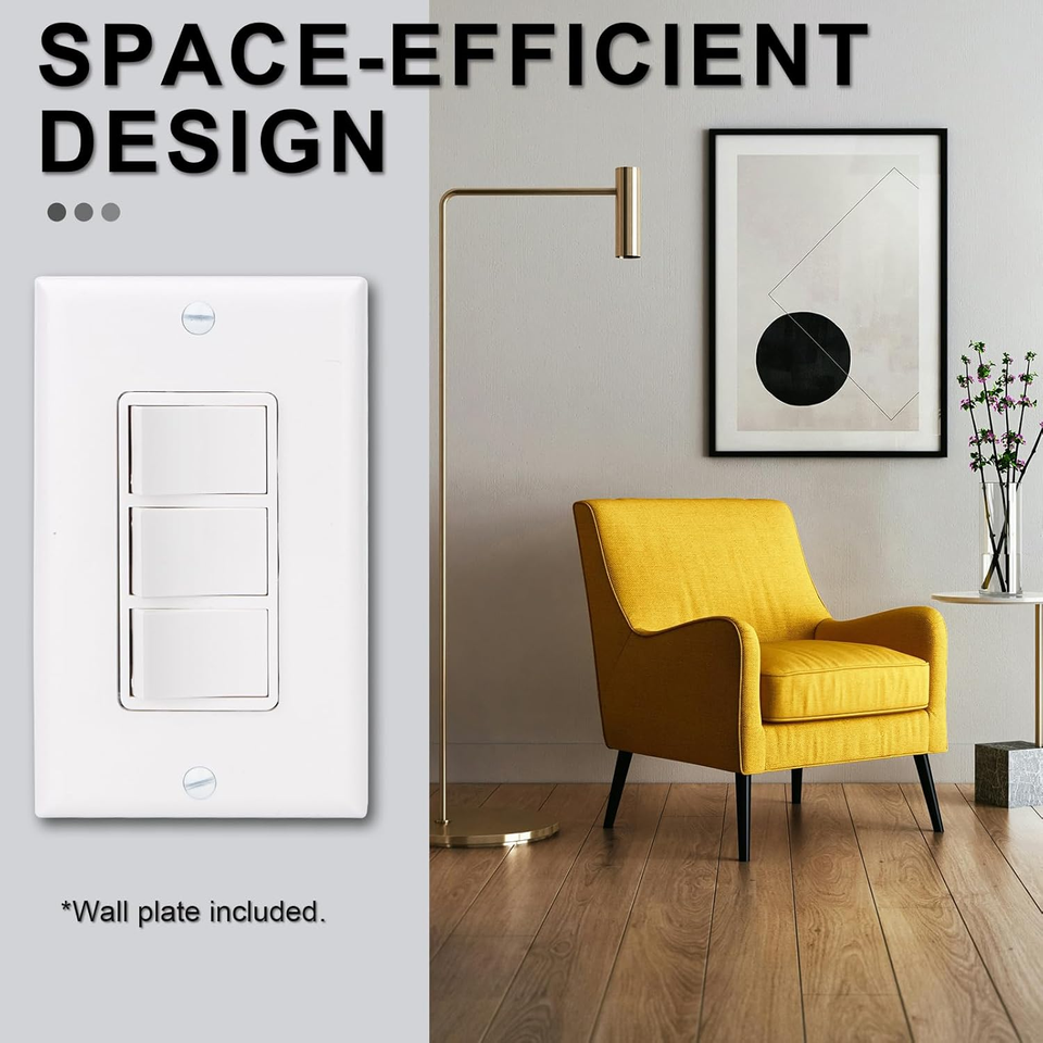 Triple Rocker Light Switch with Wall Plate, 15A 120V Single Pole, 3 ...