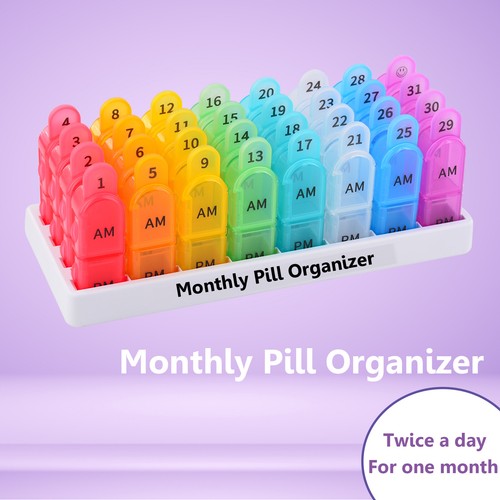 Monthly Pill Dispenser 31 Day Pill Boxes Case Daily Lock Compartment ...