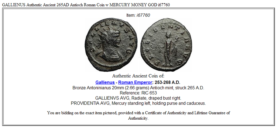 GALLIENUS Authentic Ancient 265AD Antioch Roman Coin w MERCURY MONEY ...