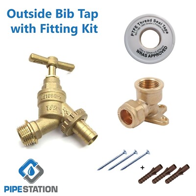 Outside Tap Kit, Bib tap with Garden Hose Pipe and Wall Mounting Plate ...