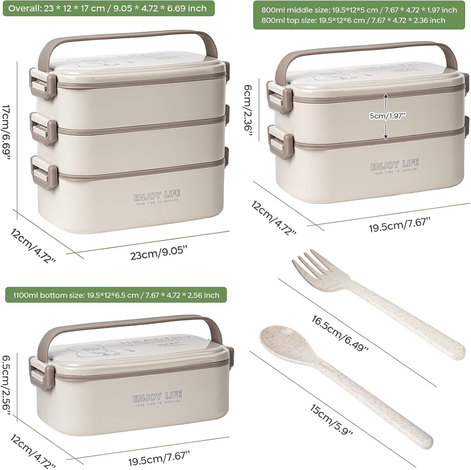 2700ml 3 Layer Bento Box with Fork & Spoon, 4-in-1 Lunch Box Food ...