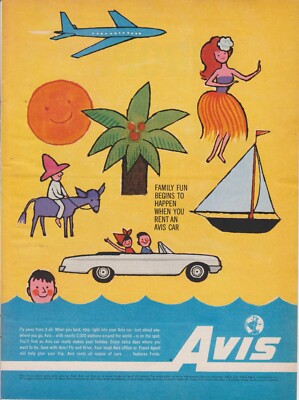 1961 Avis Rent A Car - Jet, Car, Hula Girl, Boat, Donkey - Print Ad ...
