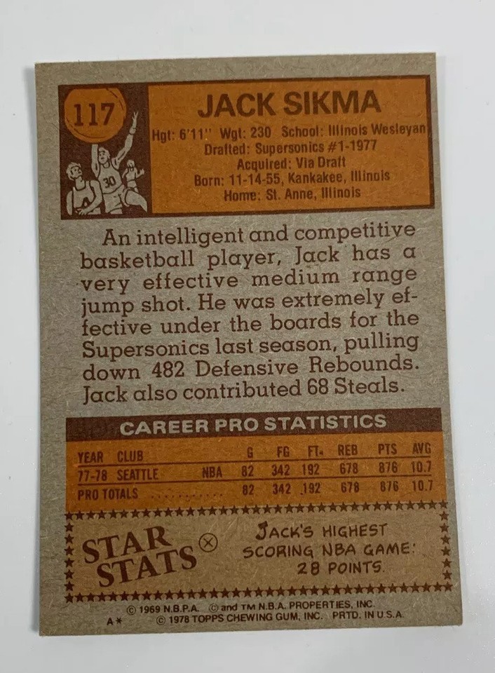 1978 Jack Sikma 117 Seattle SuperSonics Sonics Rookie RC Topps Card HOF ...