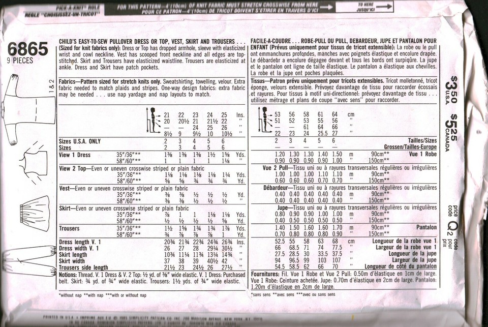 6865 Vintage Simplicity Sewing Pattern Girls Dress Top Vest Skirt ...