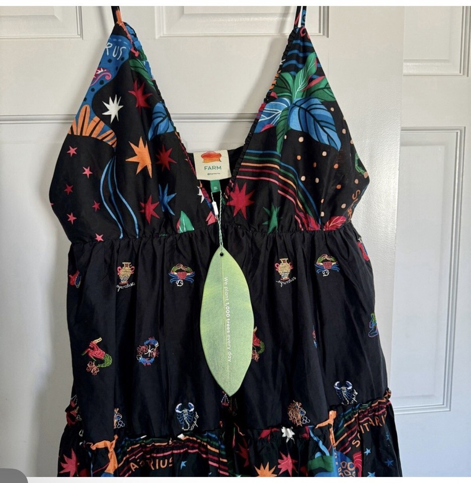 Small NWT Farm Rio Zodiac Dress Embroidered Black Multicolor Maxi Dress ...