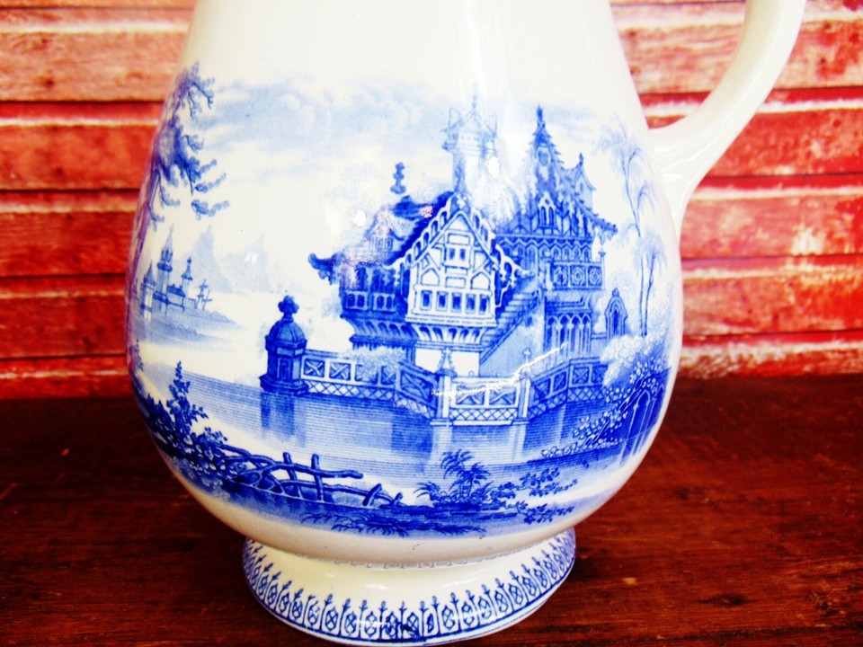 ANTIQUE Staffordshire Blue Transferware Ironstone 10.5"Pitcher Jug ...