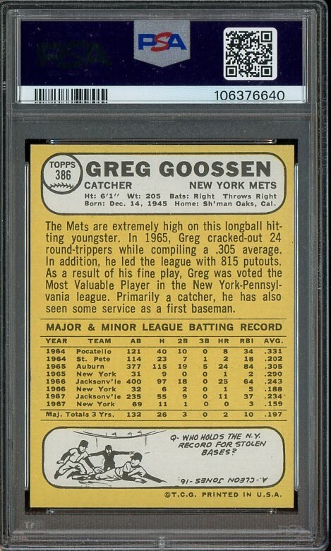 1968 Topps #386 Greg Goossen New York Mets PSA 10 GEM MINT | eBay