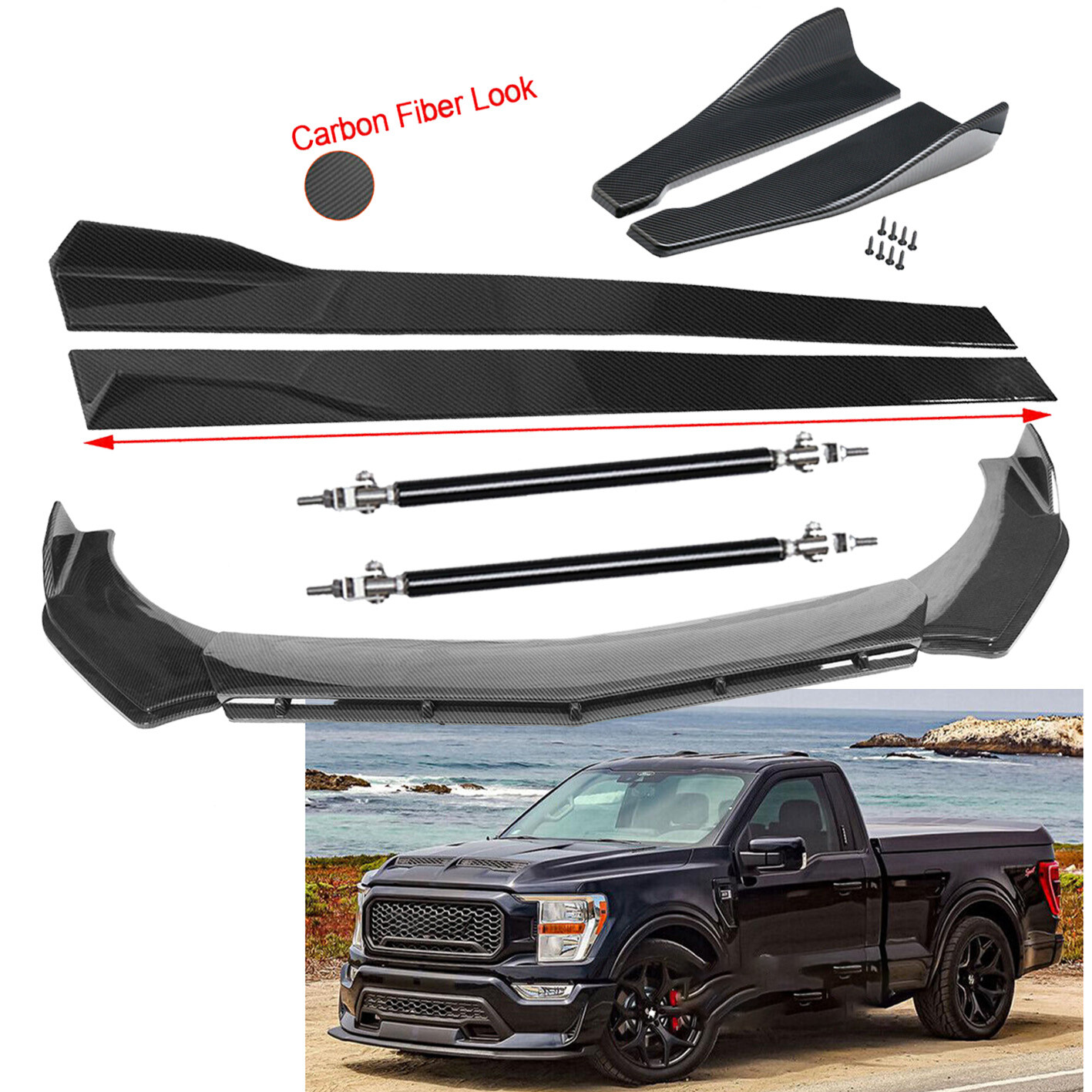 For Ford F150 F-150 Carbon Fiber Front Bumper Lip Splitter Side Skirt ...