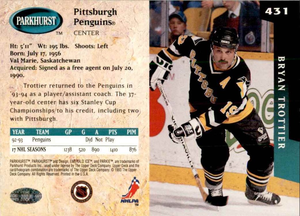 1993-94 PARKHURST BRYAN TROTTIER PITTSBURGH PENGUINS #431 | eBay