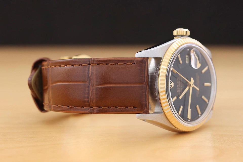 ROLEX MENS DATEJUST 16013 18K GOLD STEEL BLACK DIAL BROWN LEATHER STRAP ...
