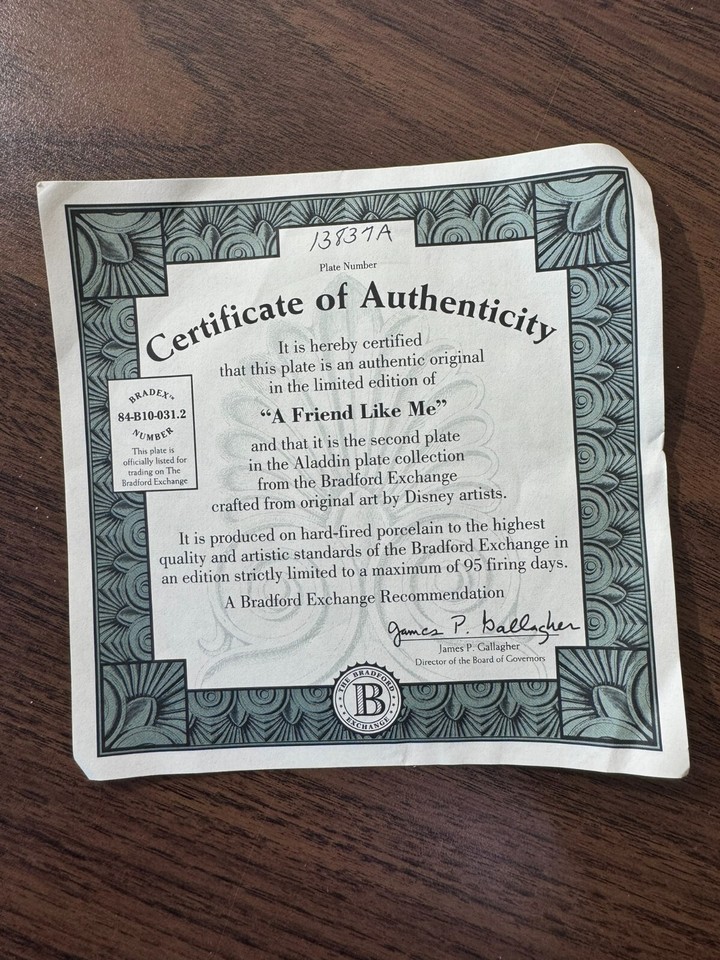 Disney Collectible Plate Aladdin A Friend Like Me Certificate of ...
