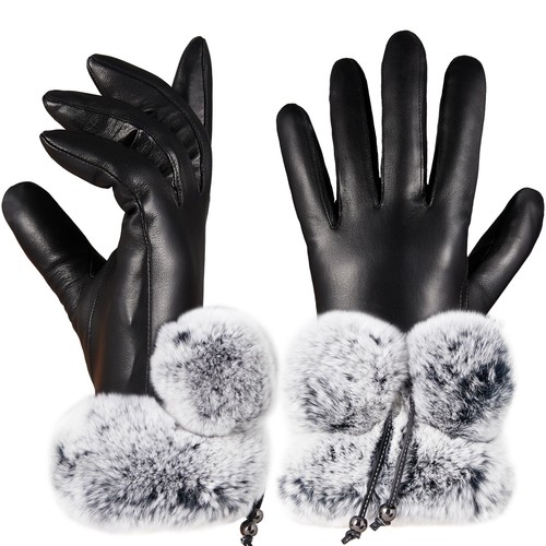 VIKIDEER Super Warm Fur Lined Leather Gloves Women Rex Rabbit Fur Cuffs ...