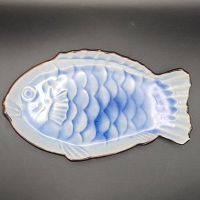 Japanese Fish-Shaped Sushi Dish Trinket Tray Cobalt Blue Crackle Glazed ...