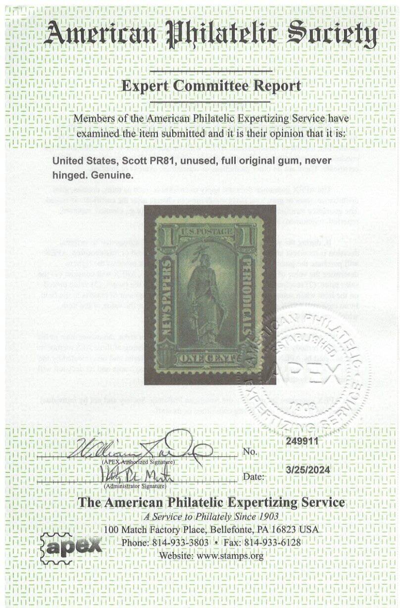 MATT'S STAMPS US SCOTT #PR81, 1-CENT NEWSPAPER STAMP, APEX CERT, MNH CV ...