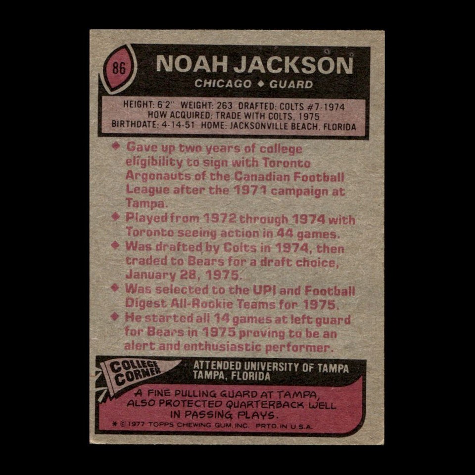 Noah Jackson 1977 Topps Rookie Chicago Bears #86 R324C 55 | eBay