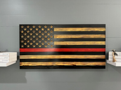 Rustic American Thin Red Line Firefighter Flag Wall Art - Hand Made ...