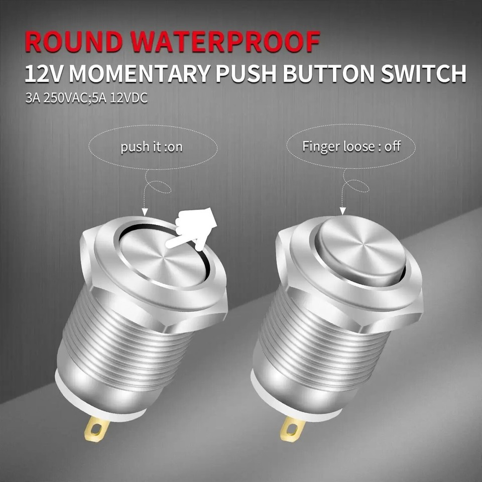 12V 12mm Momentary Push Button Switch Round Metal Waterproof 2 Pin ...