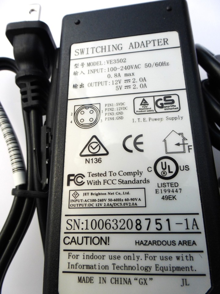JET Brighton Switching Power Supply Adapter VE3502 Output 12V-DC & 5V ...