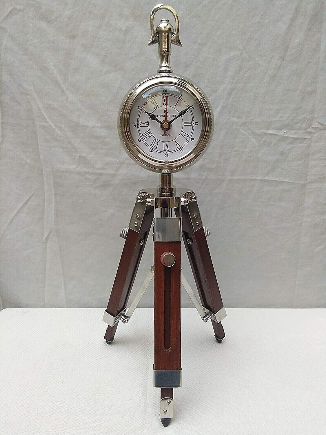 Antique Wooden Tripod Stand Table Clock Deck Clock Vintage Style ...