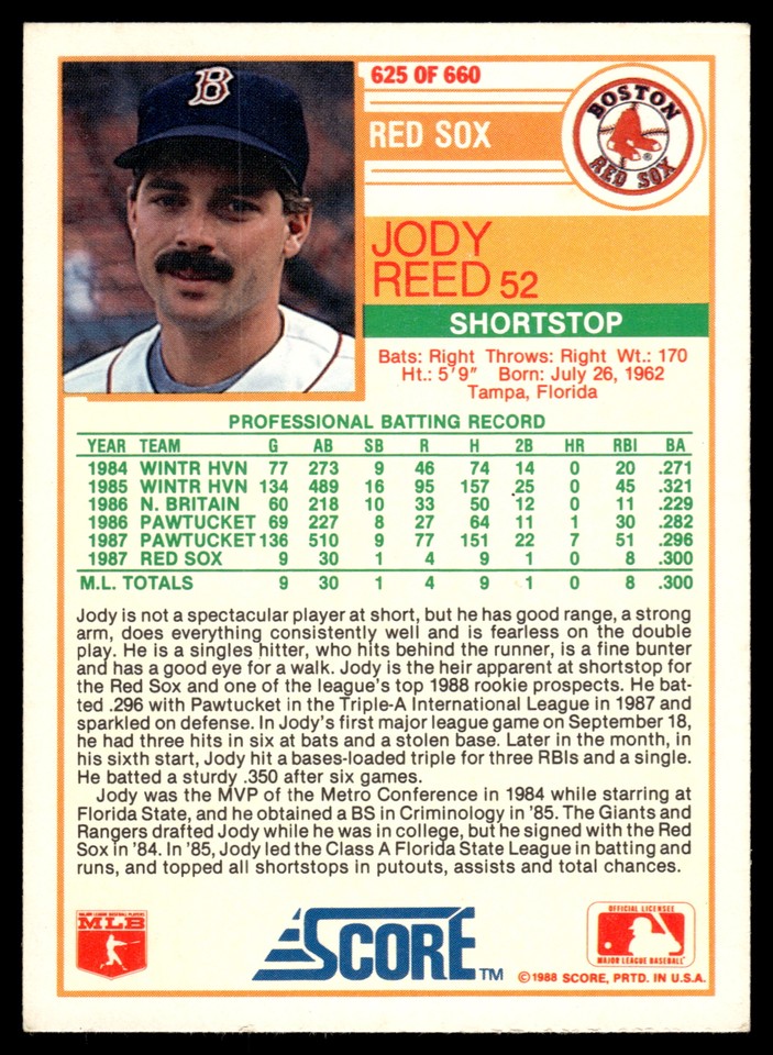 1988 Score #625 Jody Reed RC Boston Red Sox | eBay
