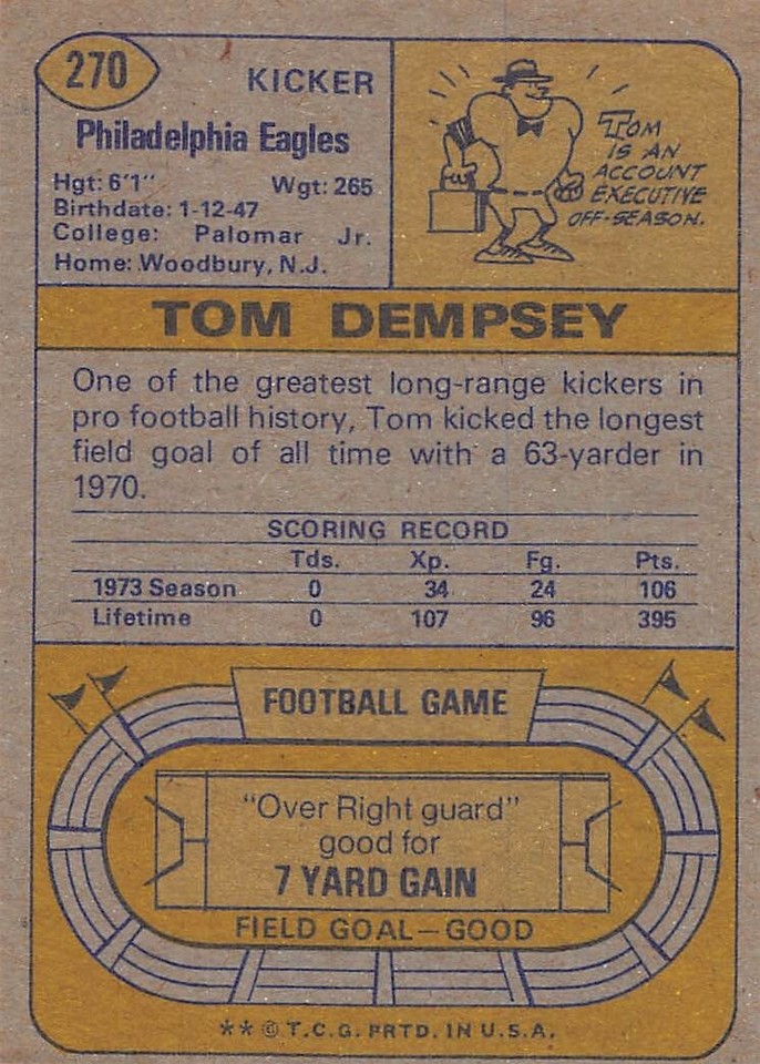 1974 Topps Football Tom Dempsey #270 EX+ PHILADELPHIA EAGLES | eBay