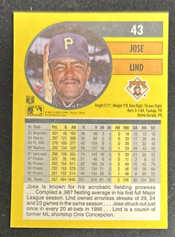 1991 Fleer Jose Lind Baseball Card #43 Pirates 2B VG O/C | eBay