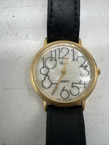 Vintage Ronica Watch Women Gold Tone MOP Dial Black Leather Needs ...