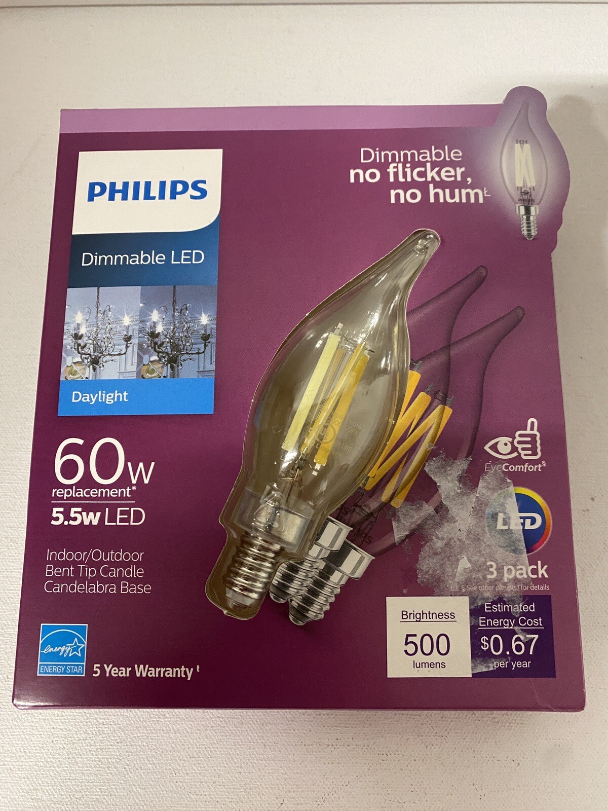 Philips Dimmable LED 60W 5.5W Indoor/Outdoor Bent Tip Candle Daylight ...