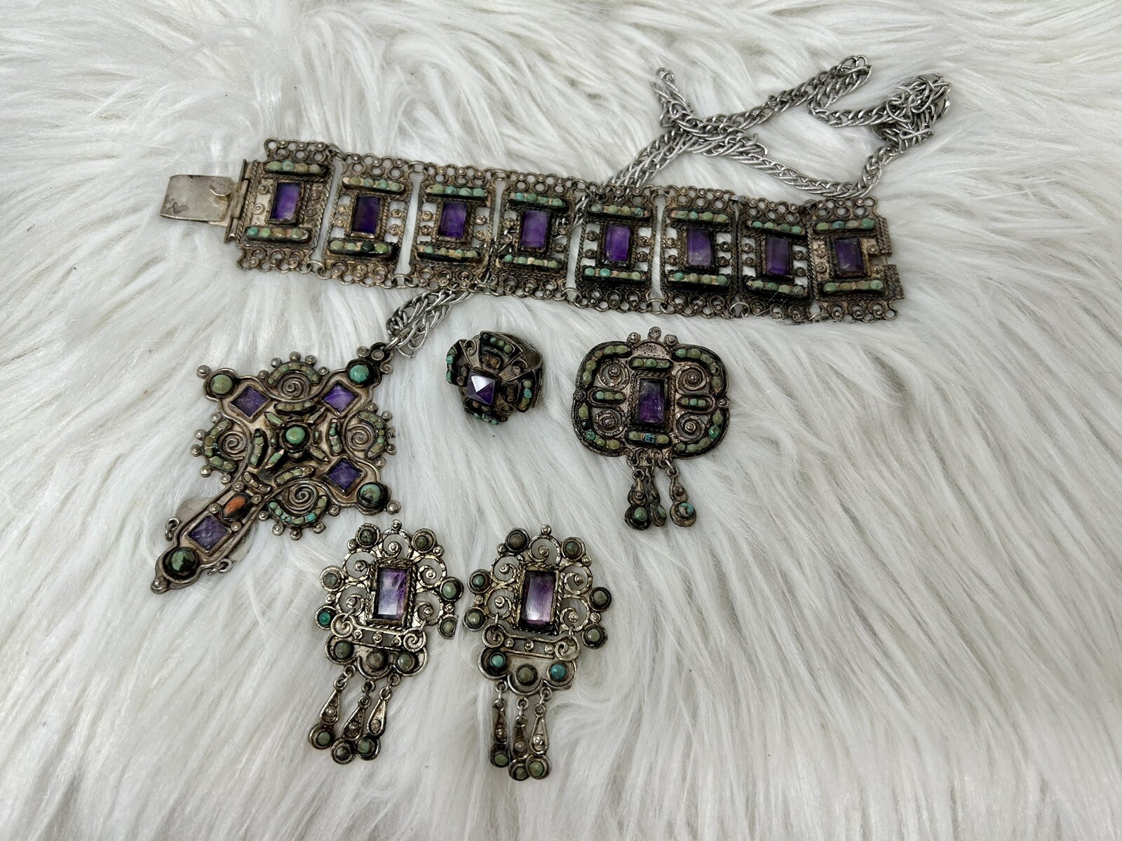 Early Matl Sterling Silver Turquoise Amethyst Bracele… - Gem