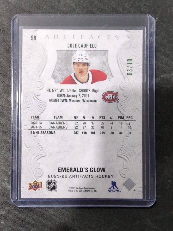 2025-26 Upper Deck Artifacts Cole Caufield Emerald's Glow Parallel #3/ ...