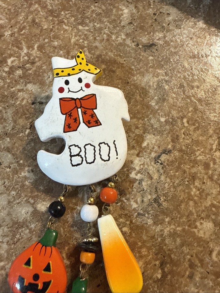 BOO Vintage Halloween Brooch Pin Ghost Pumpkin Candy Corn Dangling ...