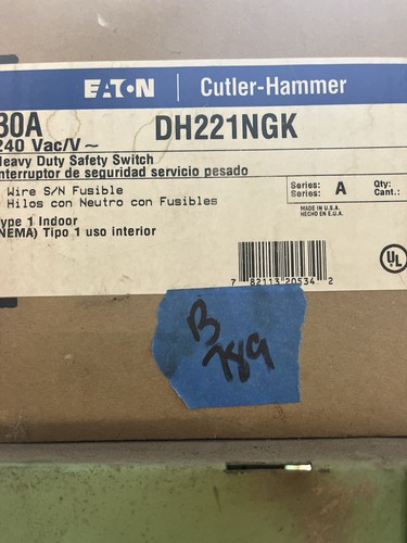 NEW EATON DH221NGK FUSIBLE 30 AMP 240V SINGLE PHASE SAFETY SWITCH- B789 ...