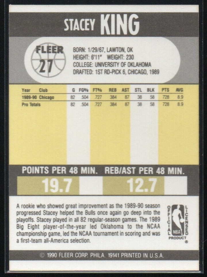 Stacey King 1990-91 Fleer #27 Rookie Card Chicago Bulls (Michael Jordan ...