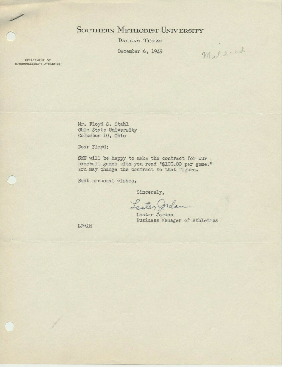 1949 Southern Methodist University Signed Baseball Letter | eBay