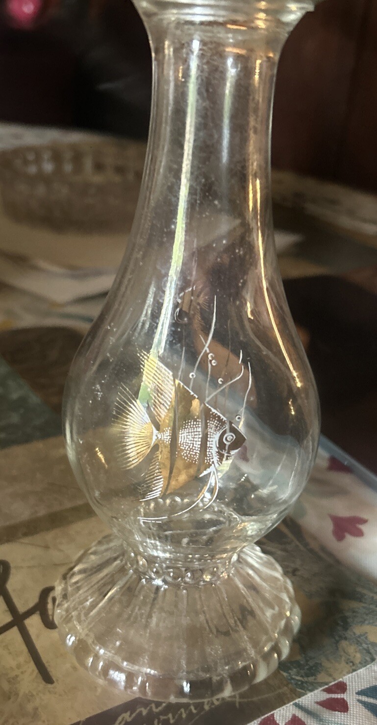 AVON Angel Fish Perfume Bottle Vase Clear Glass Gold & White Fish 7 1/8 ...