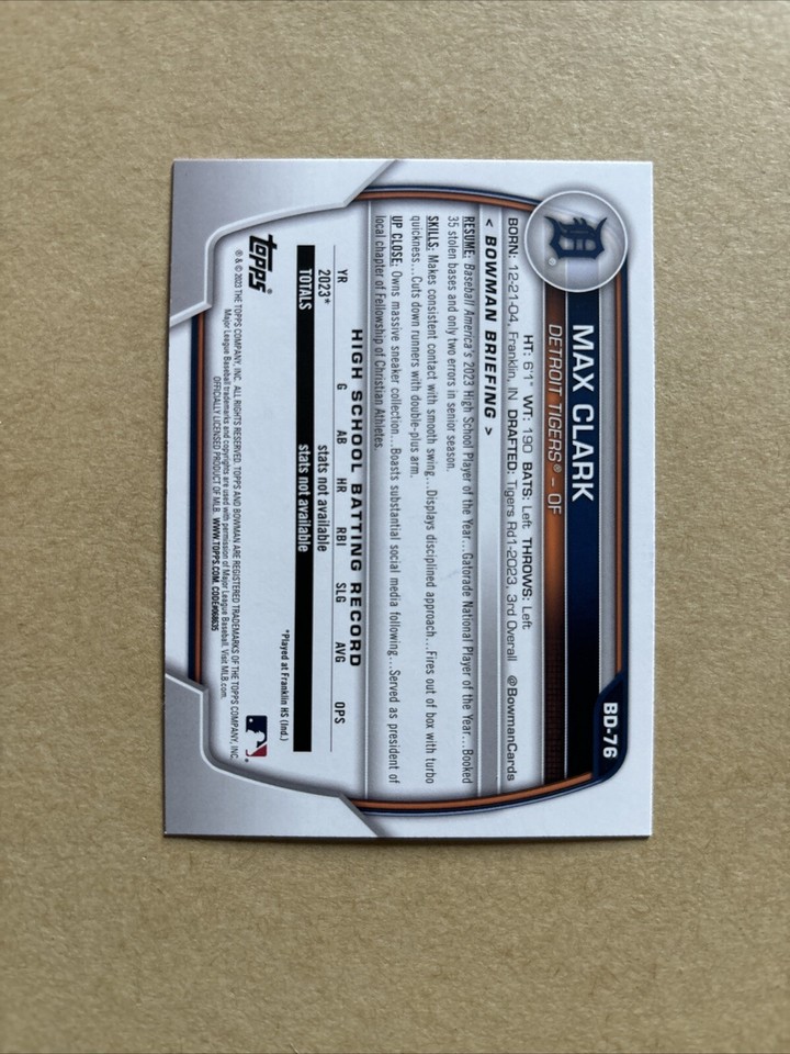Max Clark 2023 1st Bowman Chrome Clark Autographed Signed Card Detroit ...
