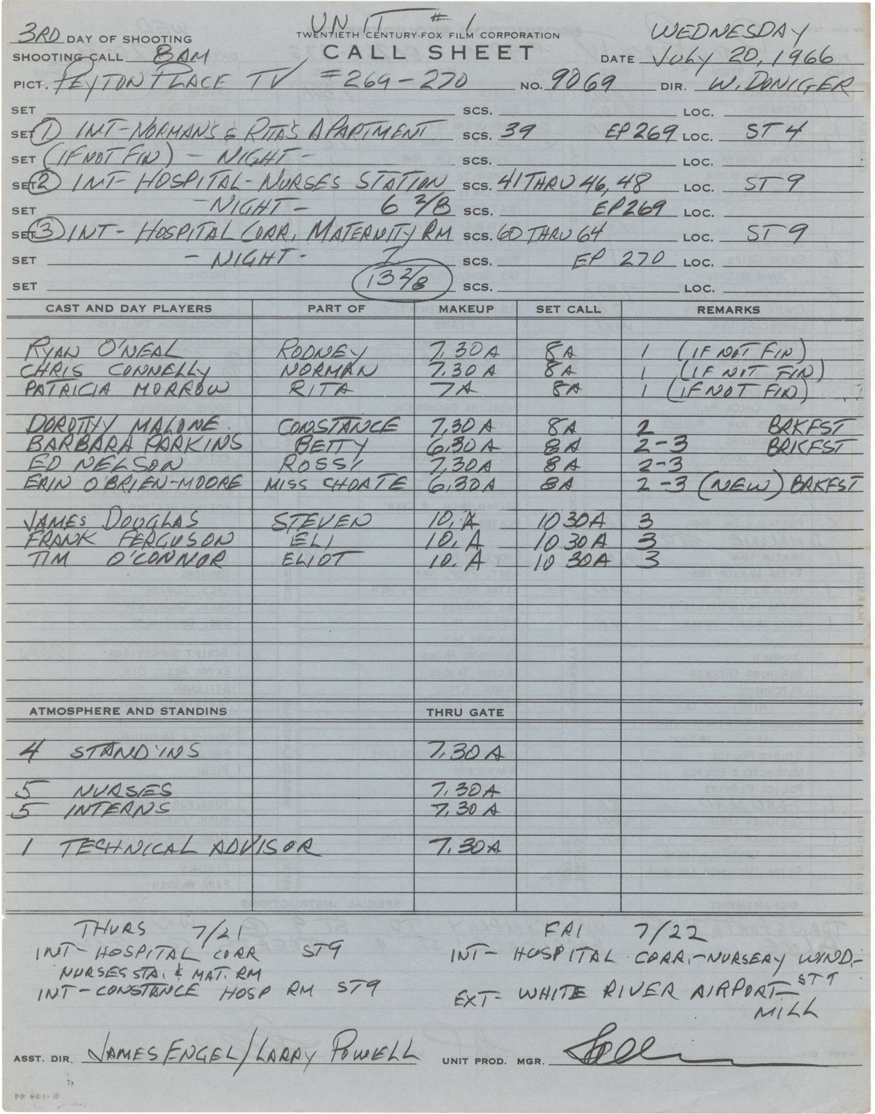 Grace Metalious PEYTON PLACE EPISODE #3.2 Original call sheet for the ...