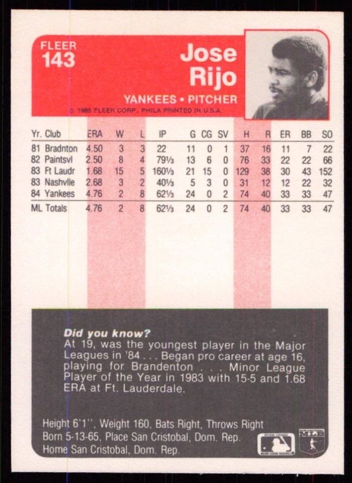 1985 Fleer Jose Rijo Rookie New York Yankees #143 | eBay