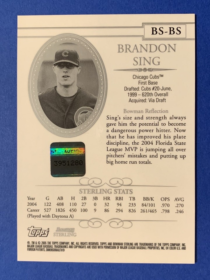BRANDON SING Signed RC 2005 Bowman Sterling CHICAGO CUBS Autograph Auto ...