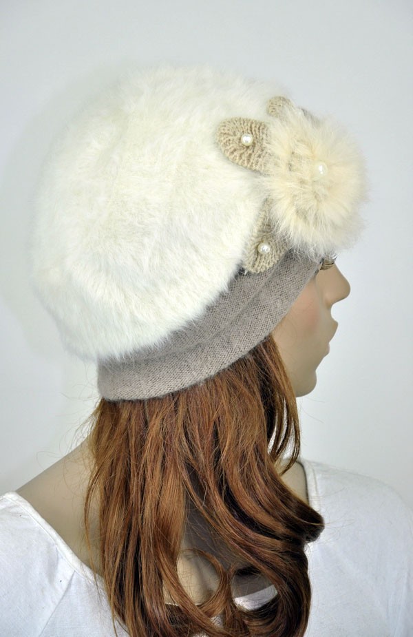 JM39 Rabbit Fur & Wool Lady Winter Hat Beanie Cap Cute Pearls Flower ...