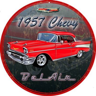 1957 RED CHEVY BEL AIR 14" ROUND HEAVY DUTY USA METAL AUTOMOBILE CAR ...