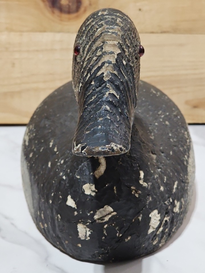 Antique Vintage Solid Wood Drake Decoy Hand Painted Red Glass Eyes ...