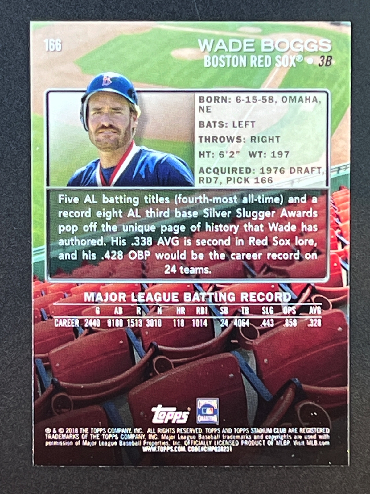 WADE BOGGS 2018 Stadium Club #166 Boston Red Sox HOF | eBay