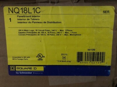 Square D NQ18L1C Panelboard Interior 100A Main Lug 240VAC 1 Phase 18 ...