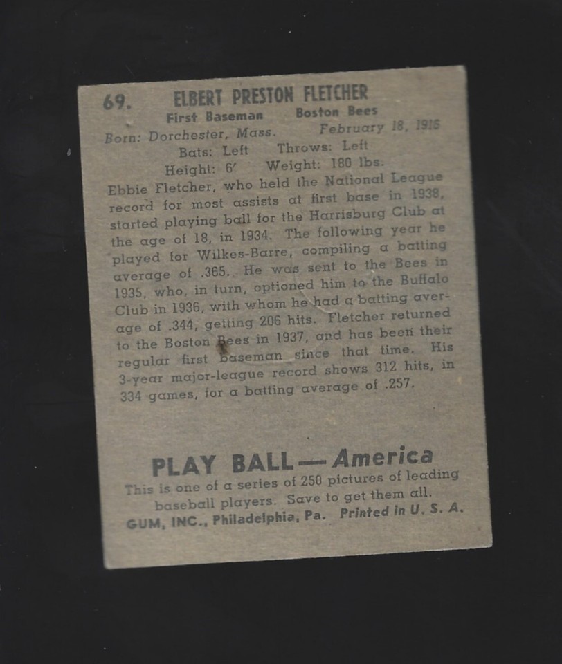 1939 PLAY BALL ELBERT PRESTON FLETCHER # 69 | eBay